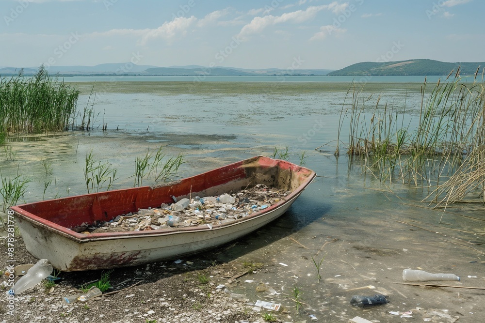 A boat filled with plastic waste on Lake Balaton, representing the ...