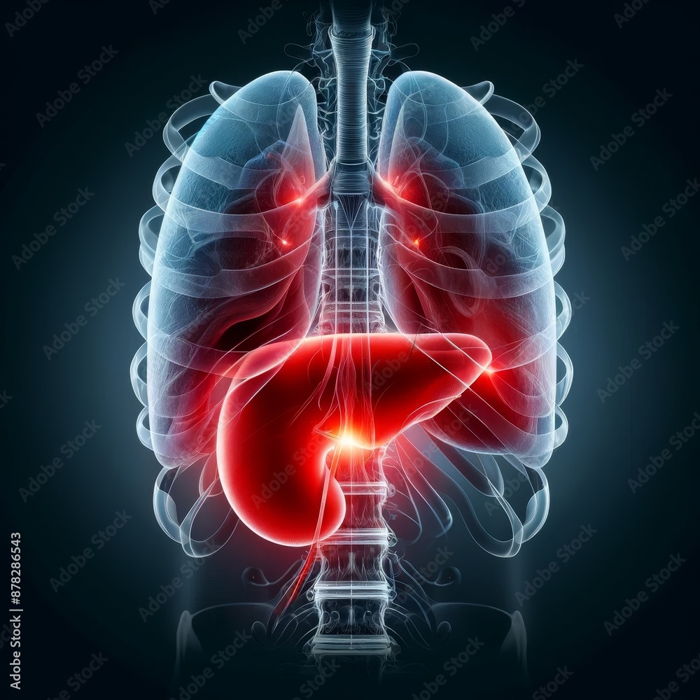 A realistic medical graphic focusing on an X-ray image of the spleen ...