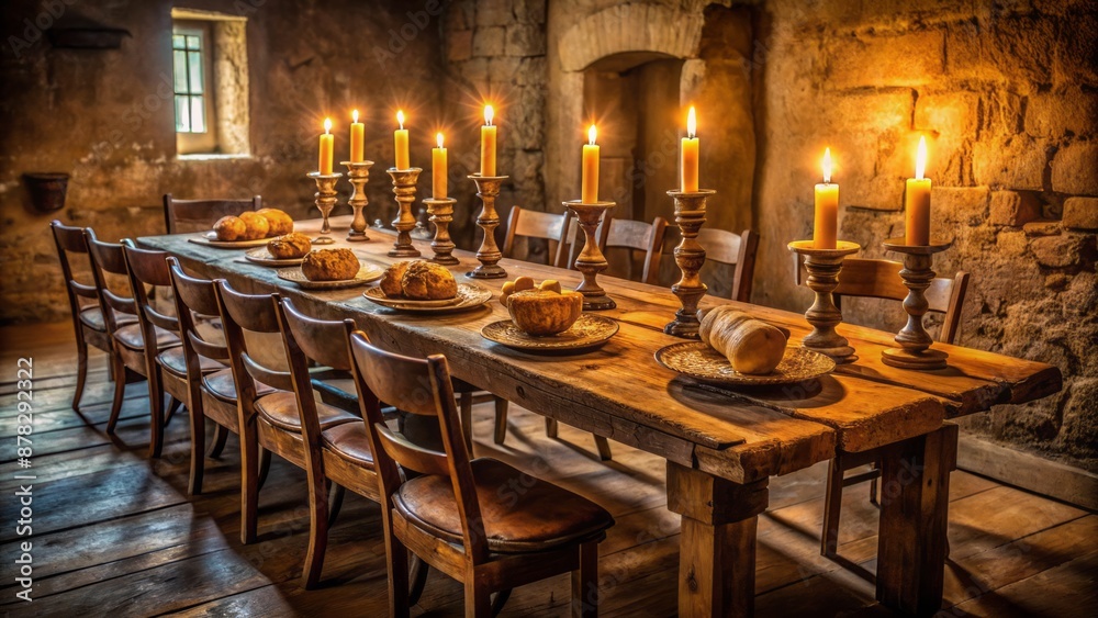 Ancient rustic wooden table set with thirteen Empty chairs and spaces ...