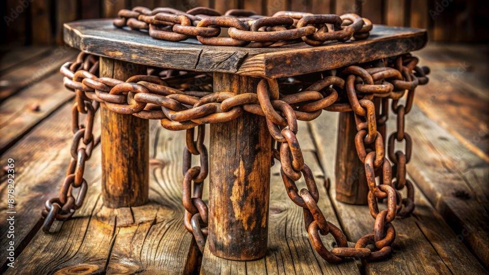 Old, rusty metal chains wrapped around worn wooden table legs ...