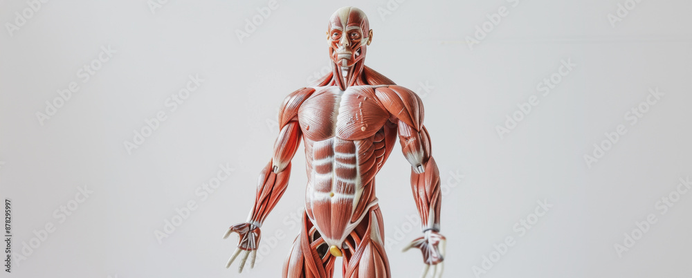 Anatomical model of human muscles displayed against white background ...
