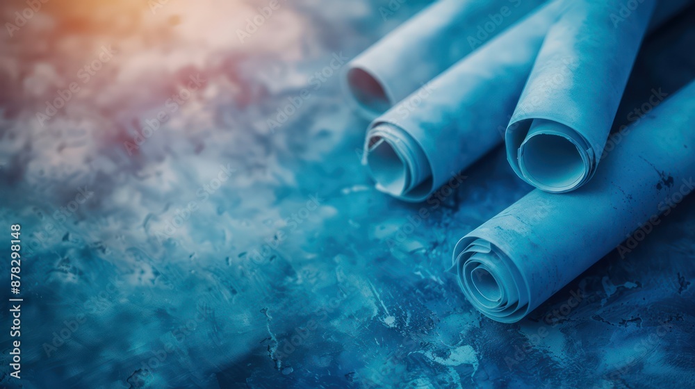 Rolled Up Architectural Blueprints on a Blue Background, Building Plans ...