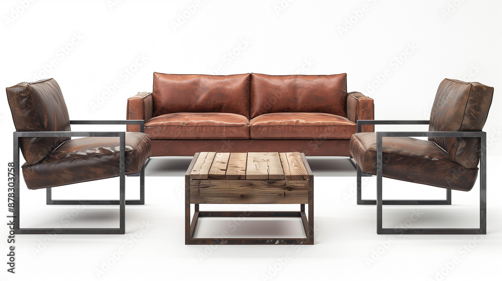 Side view of industrial-style living room set, with a rugged leather ...
