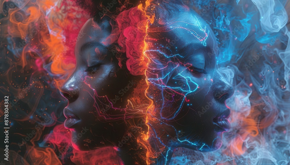 A digital artwork depicting a human head split in half. One side ...