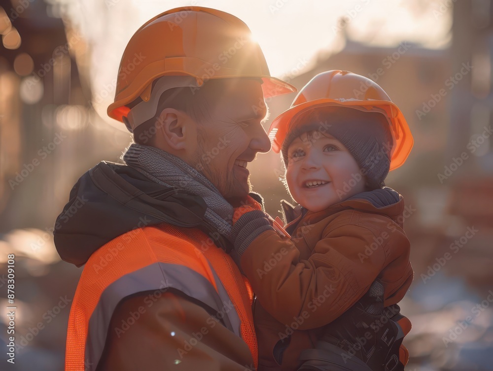 father and son in construction worker costumes realistic details dusty ...