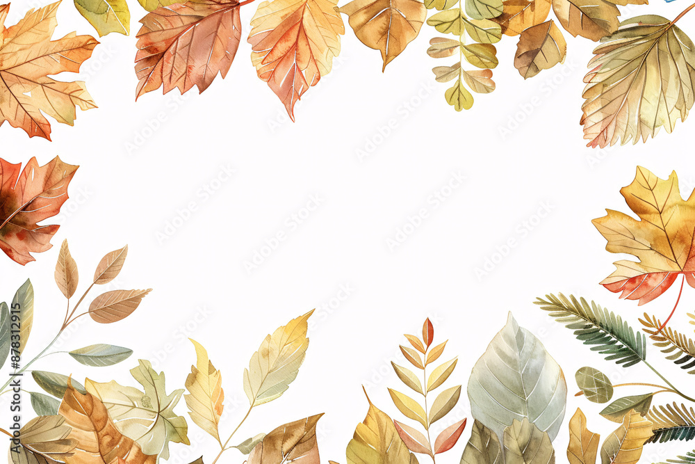 Watercolor frame illustration of autumn leaves framing a white ...