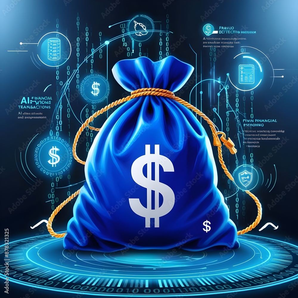 A digital artwork featuring a vibrant blue money bag adorned with a ...