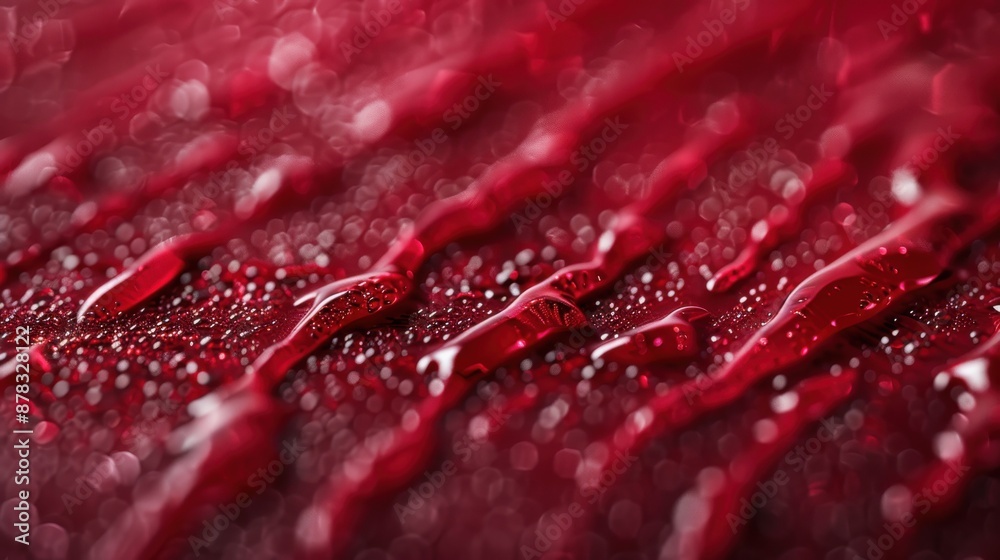 Macro shot showing glossy red substance with vivid highlights, dynamic ...