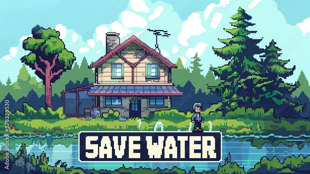 Pixel art style graphic promoting water conservation. Features a water droplet and a Save Water ...