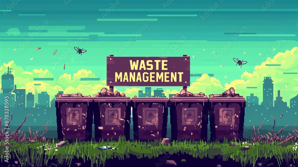 Colorful pixel art illustration depicting various waste management ...