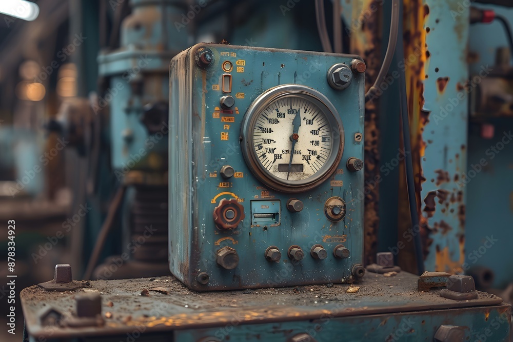 Vintage Industrial Control Panel with Pressure Gauge in an Old Factory ...