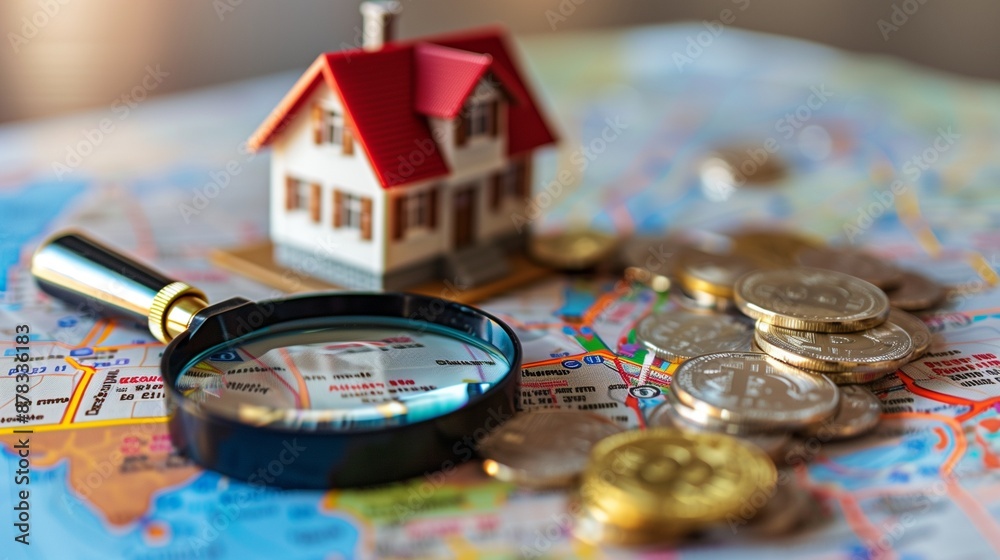 Magnifying glass over a map with a house icon and money, symbolizing ...