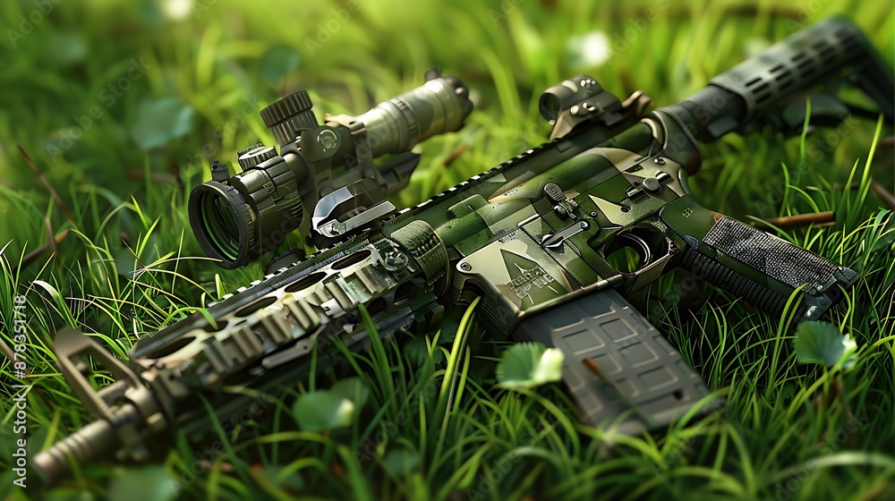 Rifle with green machine gun on the verdant lawn very detailed and ...