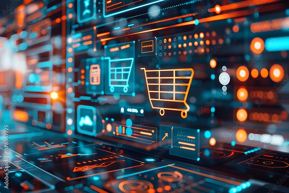 Shopping icons integrated into a high-resolution computer monitor with ...