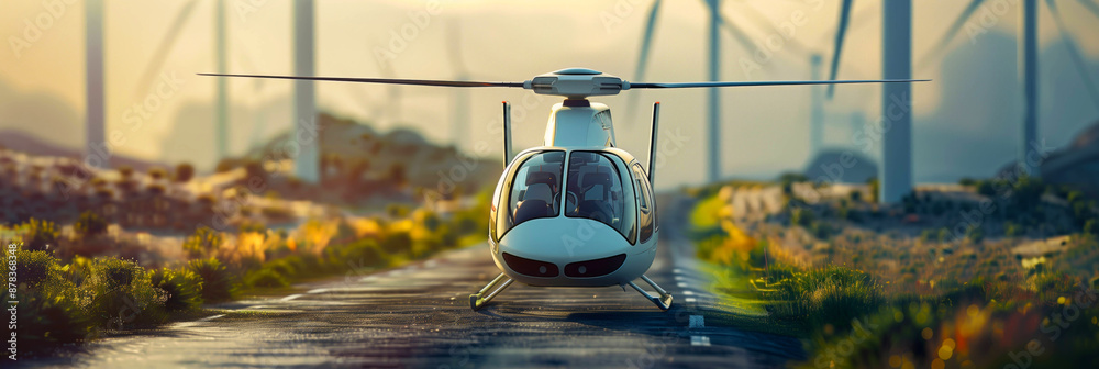 Electric a helicopter flies over helipad meadows and fields with wind ...