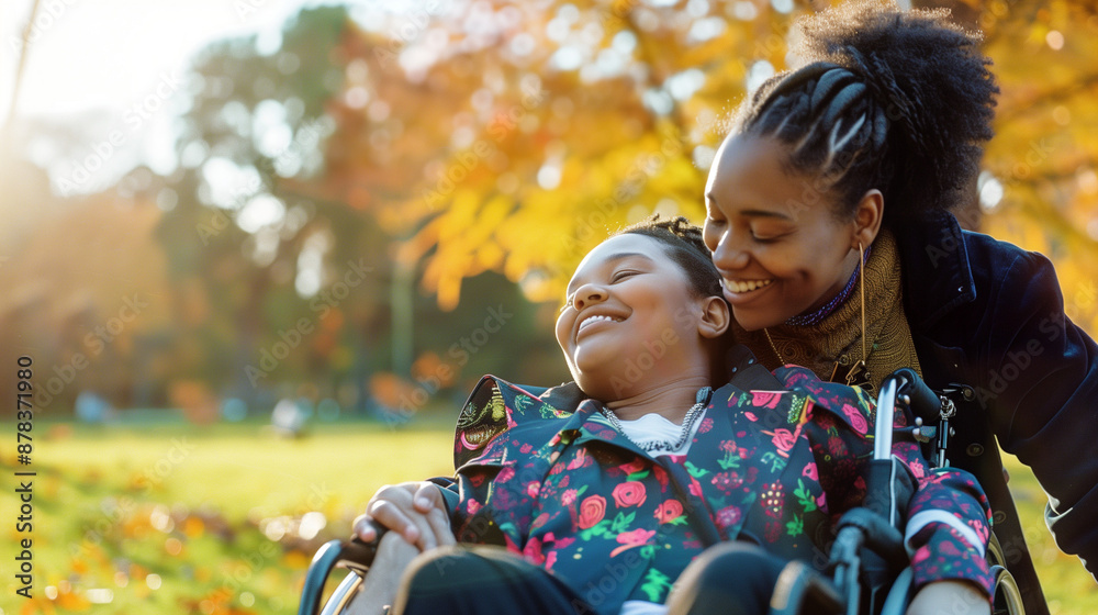 Mother and disabled child in a wheelchair, candid black african ...