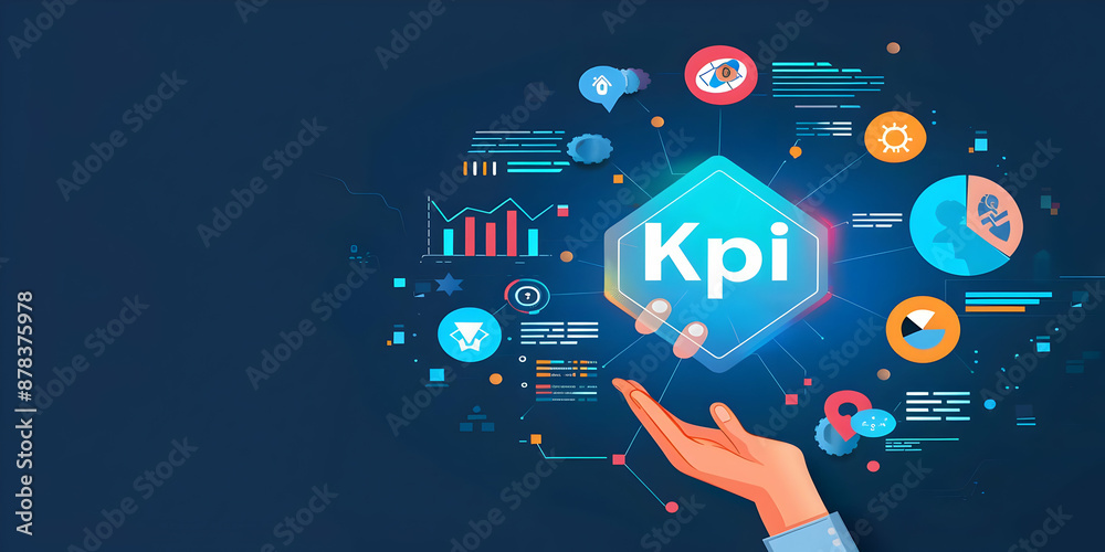 Hand holding KPI icon surrounded by data analytics symbols on dark ...