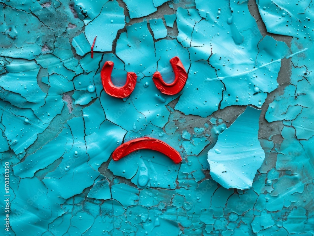 A sad face painted in red on a peeling blue surface. The face is made ...