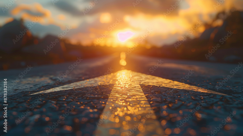 An asphalt road stretches into the distance with a painted white arrow ...