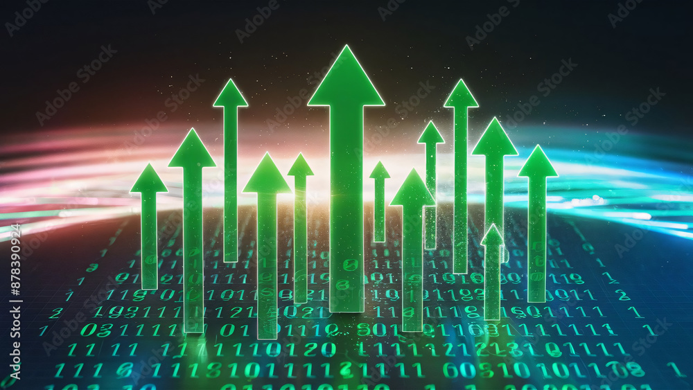 Rising green arrows over a digital matrix background, symbolizing ...