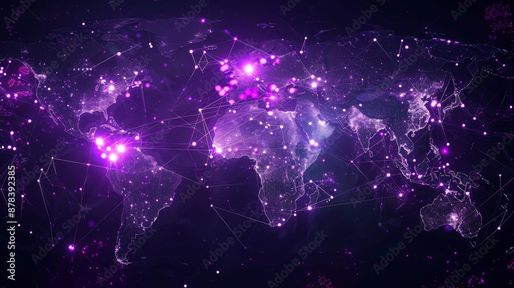 Abstract purple and blue world map with glowing lights, representing ...