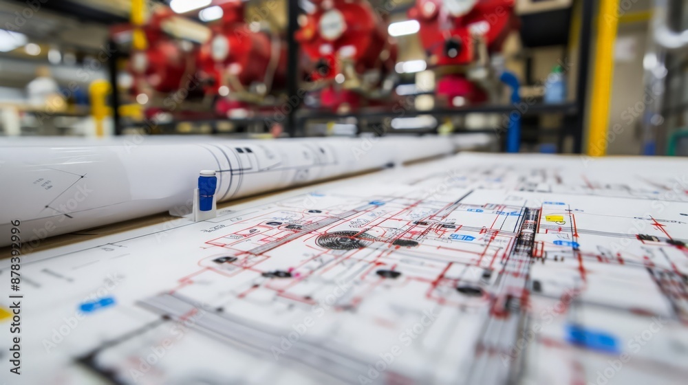 Blueprints with fire protection plans outline fire alarm locations ...