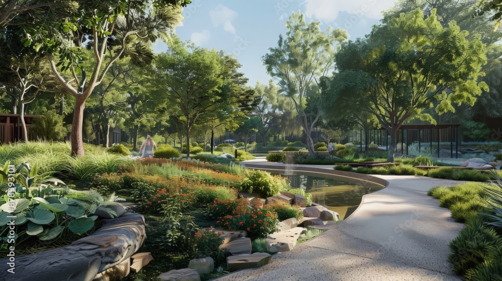 Blueprints with landscaping plans incorporate outdoor amenities, green ...