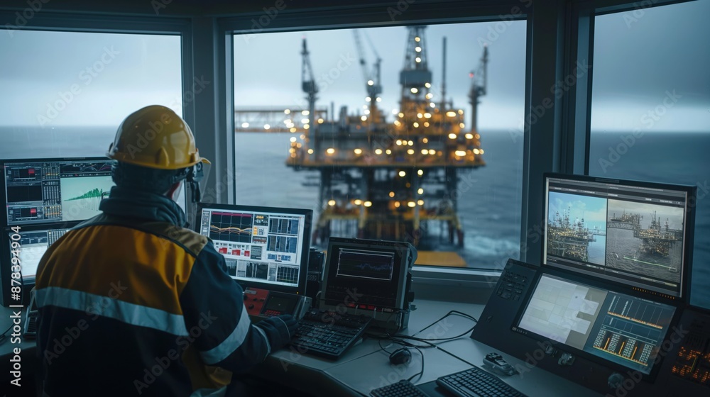 Engineer in a control room monitoring offshore oil rig operations at ...