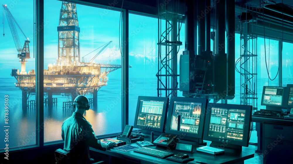 Control room operator monitoring offshore oil rig during twilight from ...