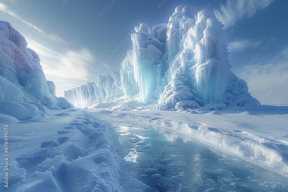 An ethereal ice palace sculpted from shimmering blue glaciers, where ...
