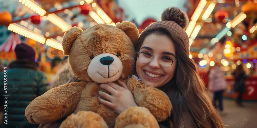 Happy young couple on a fun fair with large teddy bear. Two cheerful ...