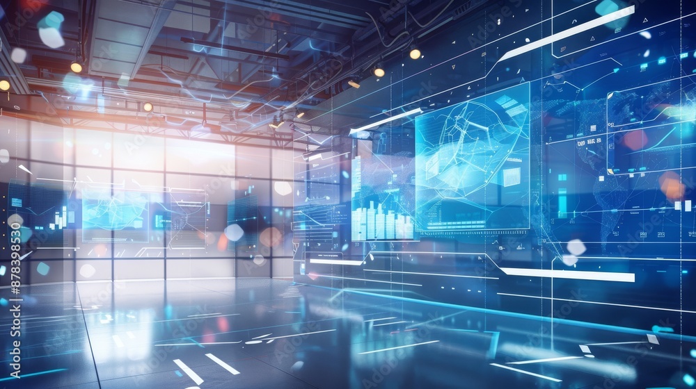 Futuristic digital data and information displays in a modern, open ...