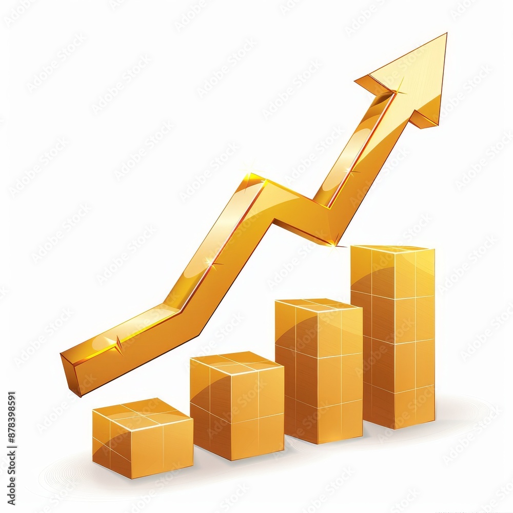 Golden arrow pointing upward above a bar graph, symbolizing growth and success. Stock ...