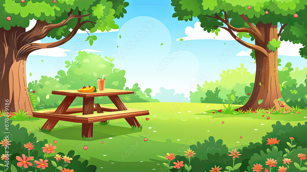 Picnic table illustration cartoon background. Summer fields, hills ...
