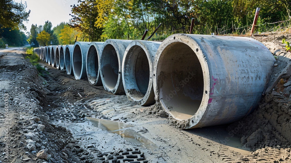 Concrete drainage pipe system installation on road sides for urban ...