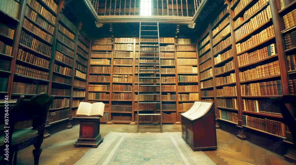Antique library room with towering wooden bookshelves filled with old ...