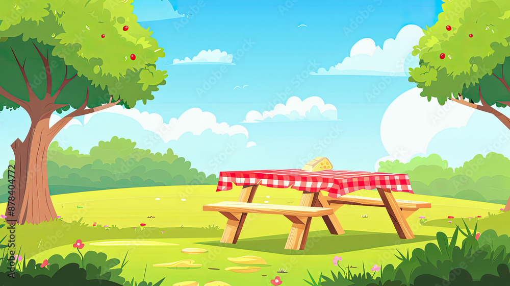 Picnic table illustration cartoon background. Summer fields, hills ...