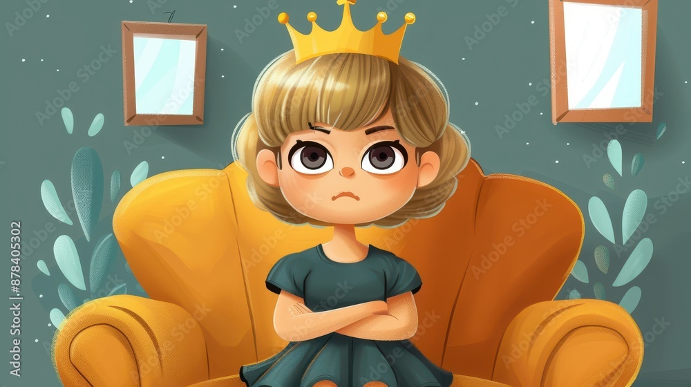 Artistic cartoon illustration of a girl with blonde hair, sitting on an ...