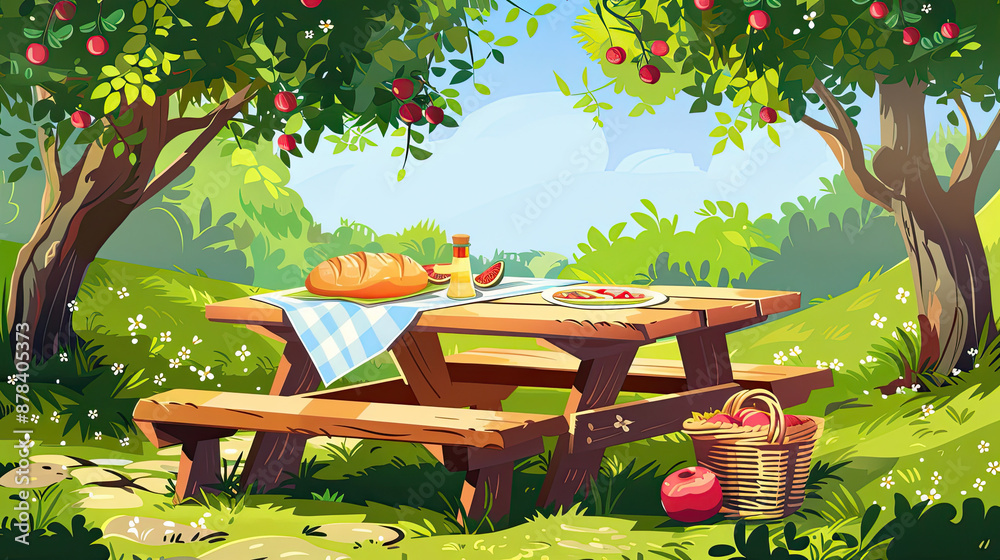 Picnic table illustration cartoon background. Summer fields, hills ...