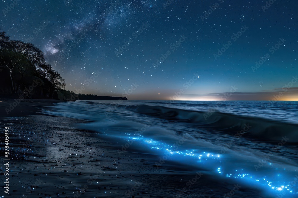 bioluminescent tidal wave at twilight glowing plankton illuminate the ...