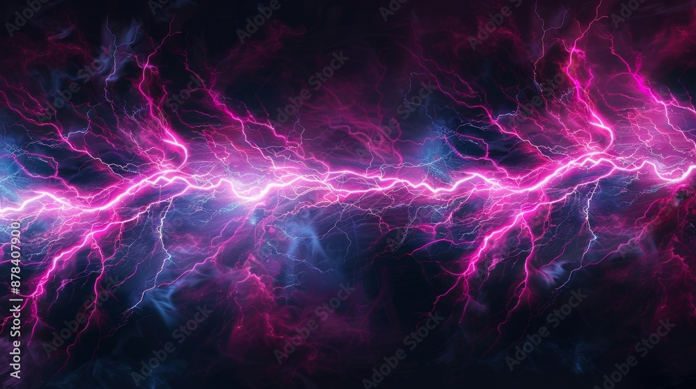 Pink and blue lightning is illuminating a dark sky in this depiction of ...