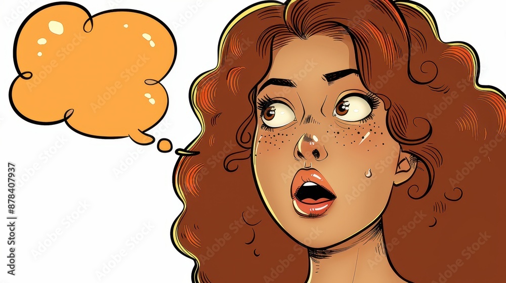An astonished woman with curly hair and freckles, depicted in a pop art ...