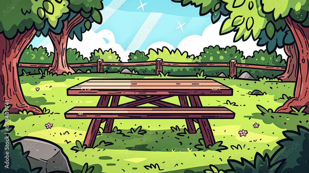 Picnic table illustration cartoon background. Summer fields, hills ...