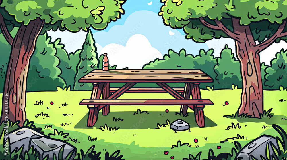 Picnic table illustration cartoon background. Summer fields, hills ...