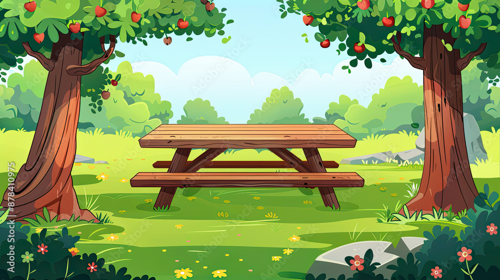 Picnic table illustration cartoon background. Summer fields, hills ...