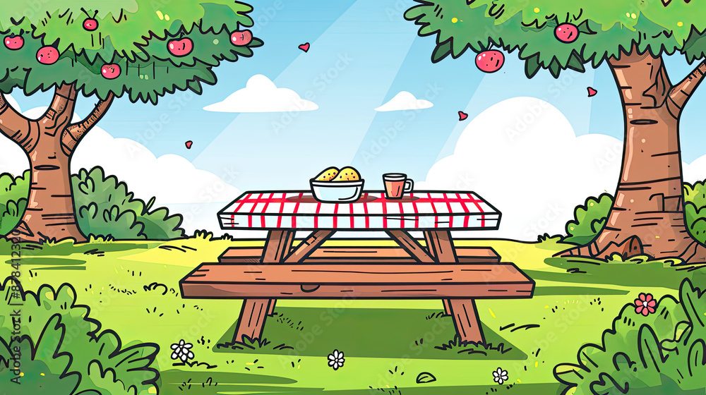 Picnic table illustration cartoon background. Summer fields, hills ...