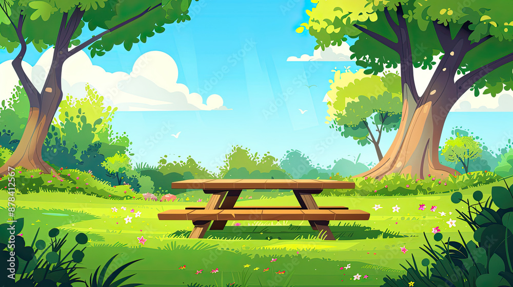 Picnic table illustration cartoon background. Summer fields, hills ...
