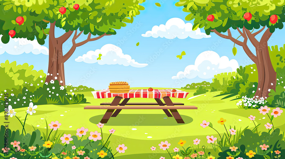 Picnic table illustration cartoon background. Summer fields, hills ...