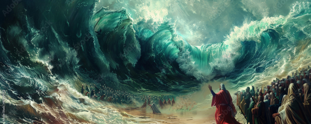 Moses parting the Red Sea with dramatic waves towering on either side ...