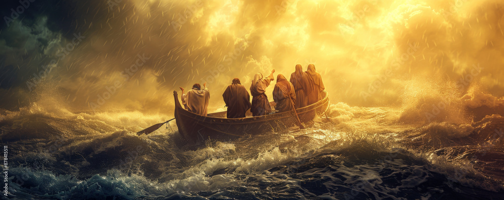 The miracle of Jesus walking on water towards His disciples' boat. The ...